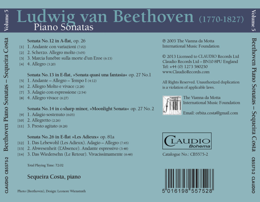 Beethoven Piano Sonatas Vol. 5 - Sequeira Costa - CB5575 - Claudio Records